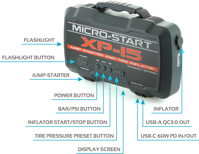 XP-15 Micro-Start BOOSTER AND TIRE INFLATOR AND LARGE FLASH LIGHT